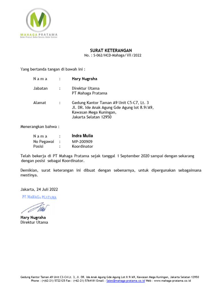 Surat Keterangan An. Indra Mulia | PDF
