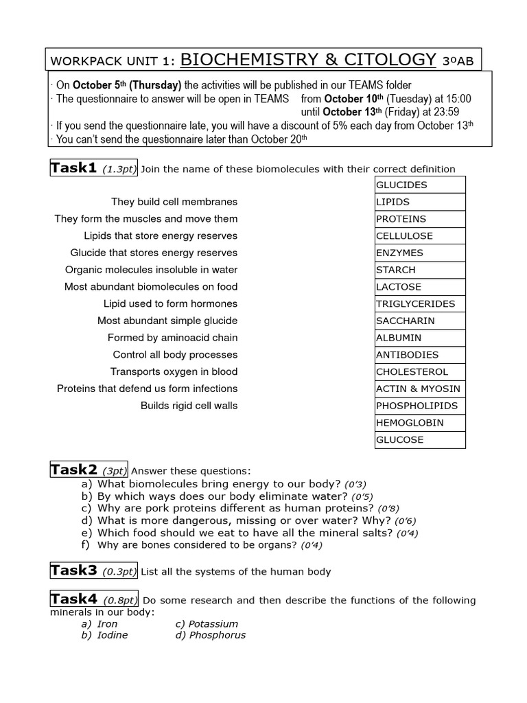 U1 Workpack Biochemistry&Citology | PDF | Cell (Biology) | Biomolecules