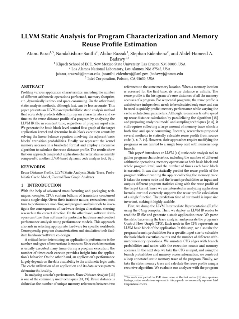 Llvm Static Analysis For Program Characterization And Memory Reuse Profile Estimation Pdf