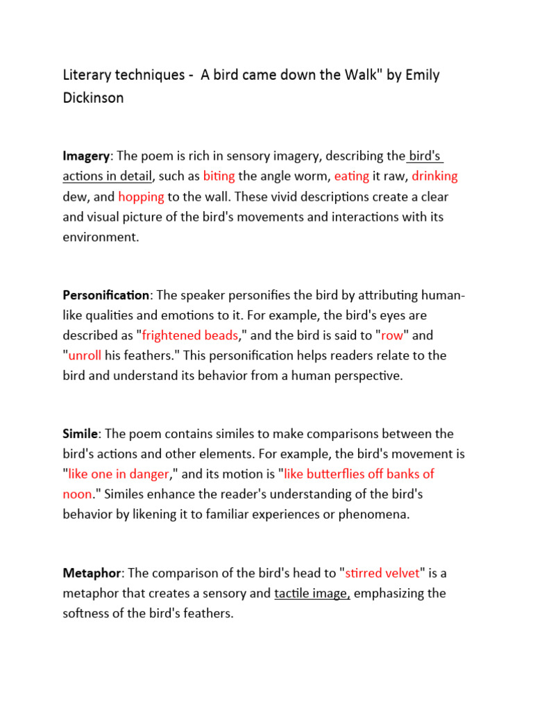 Literary Techniques A Bird Came Down The Walk by Emily Dickinson | PDF ...
