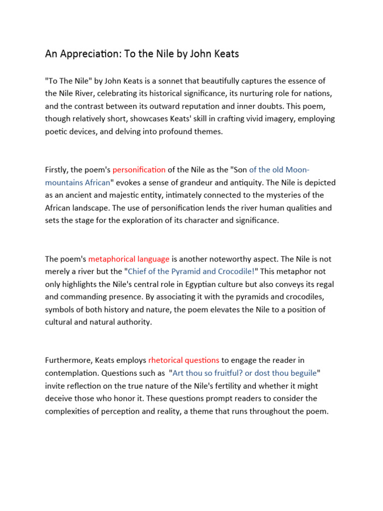 Analyzing Keats' "To the Nile" Poem | PDF | General Fiction