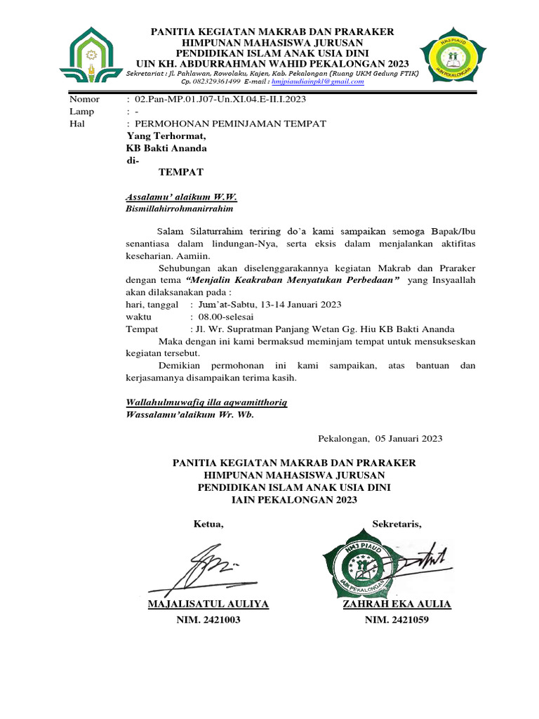 Permohonan Peminjaman Tempat Makrab 2023 | PDF | Agama & Spiritualitas