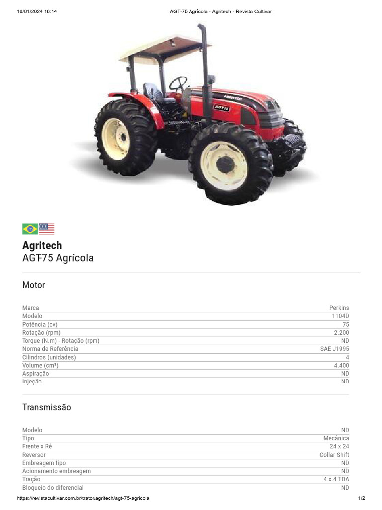 Trator AGT-75 Agrícola: Especificações Técnicas | PDF