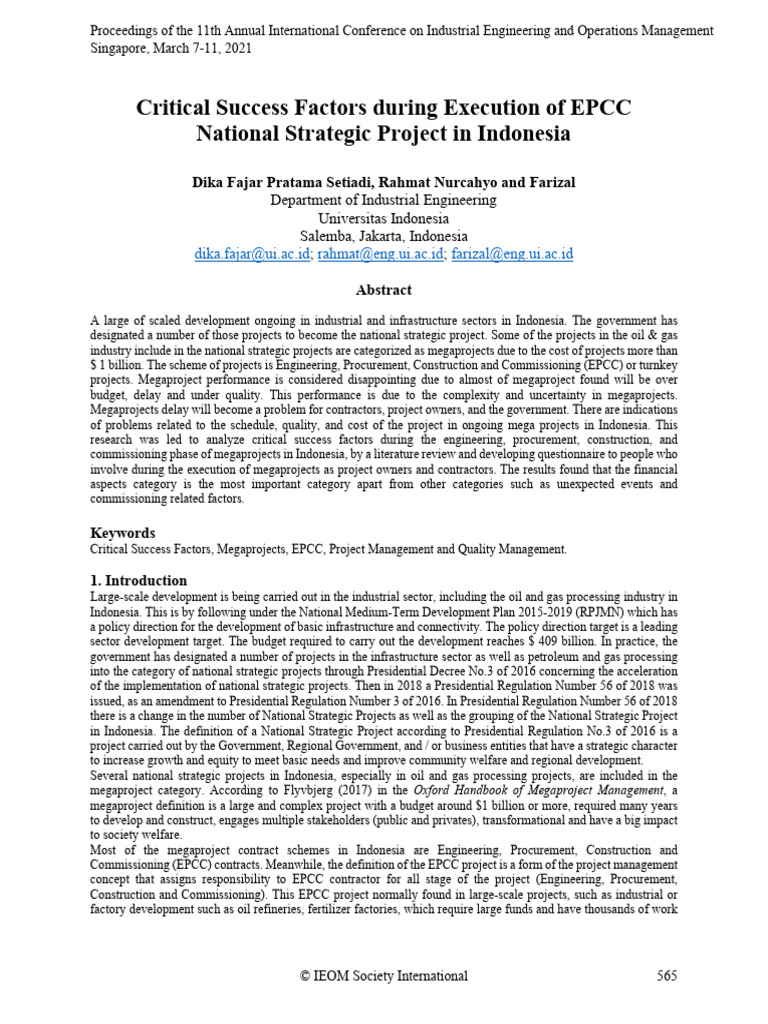 Critical Success Factors During Execution of EPCC National Strategic ...