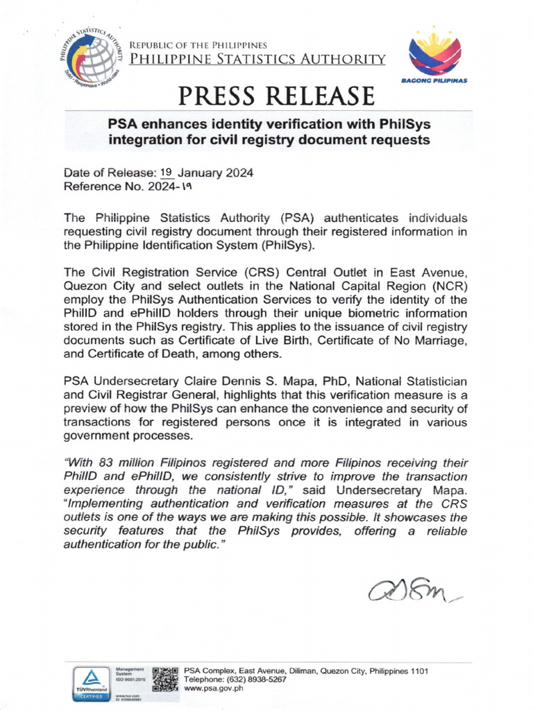 PSA Integrates PhilSys for Civil Registry Verification | PDF ...