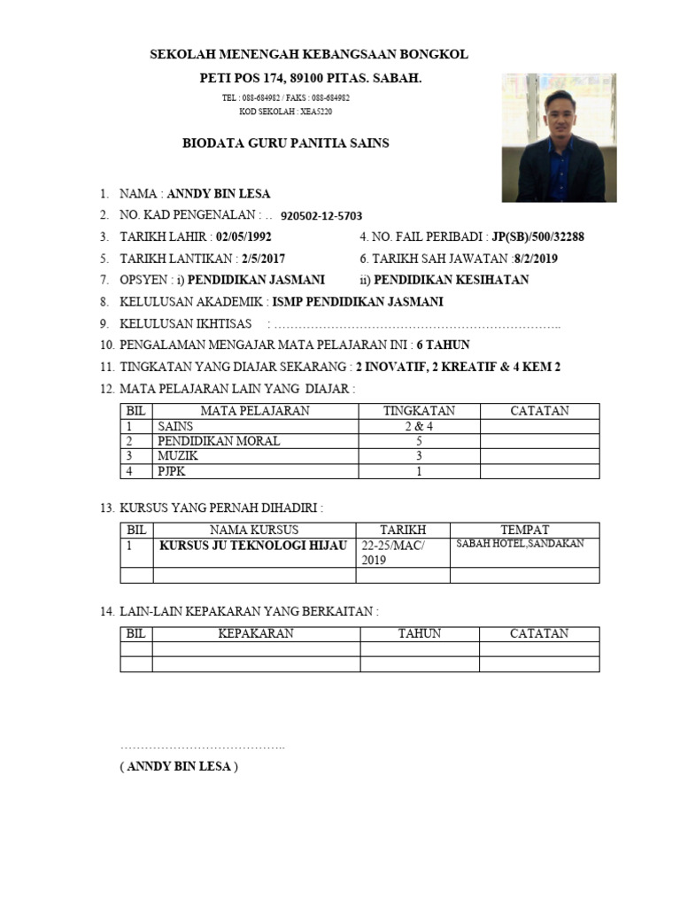 Borang Biodata Guru Panitia Sains | PDF