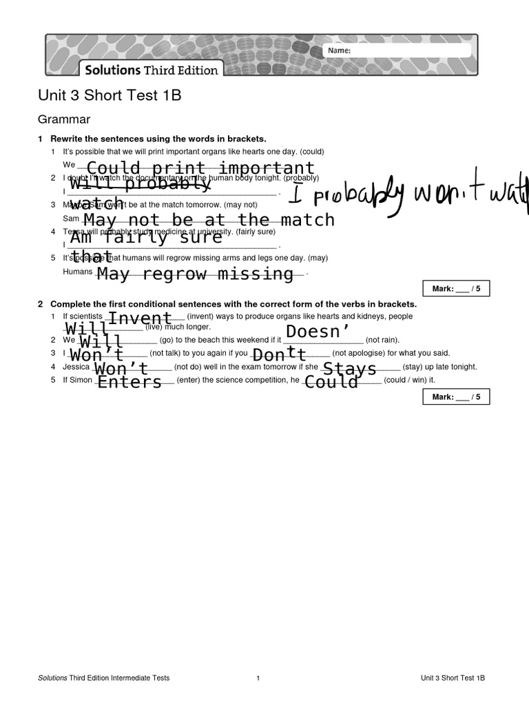 Unit 3 Short Test 1B Answers | PDF | Human Anatomy | Anatomy
