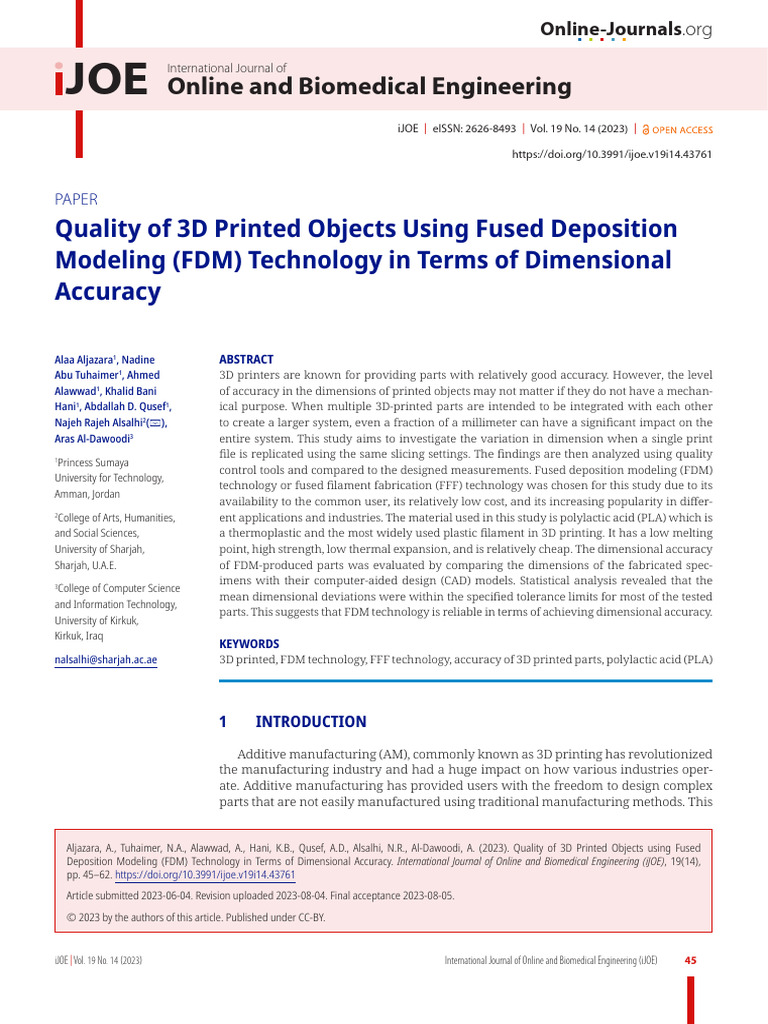 Quality of 3D Printed Objects Using Fused Deposition Modeling (FDM) Technology in Terms of ...