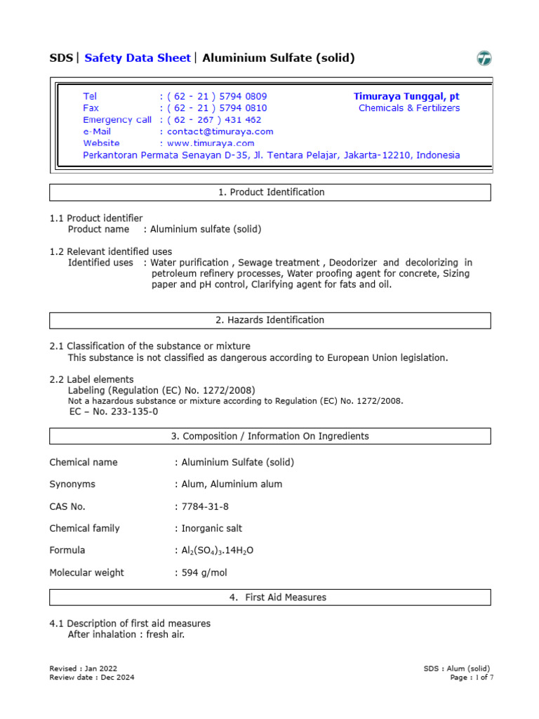 SDS Alum Sulfat (Solid) | PDF | Dangerous Goods | Toxicity