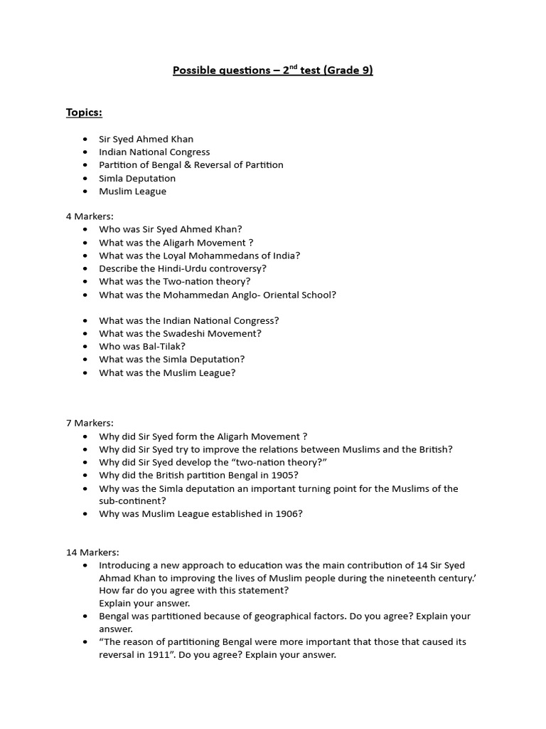 2nd Test Week - Possible Questions-9th Grade | PDF