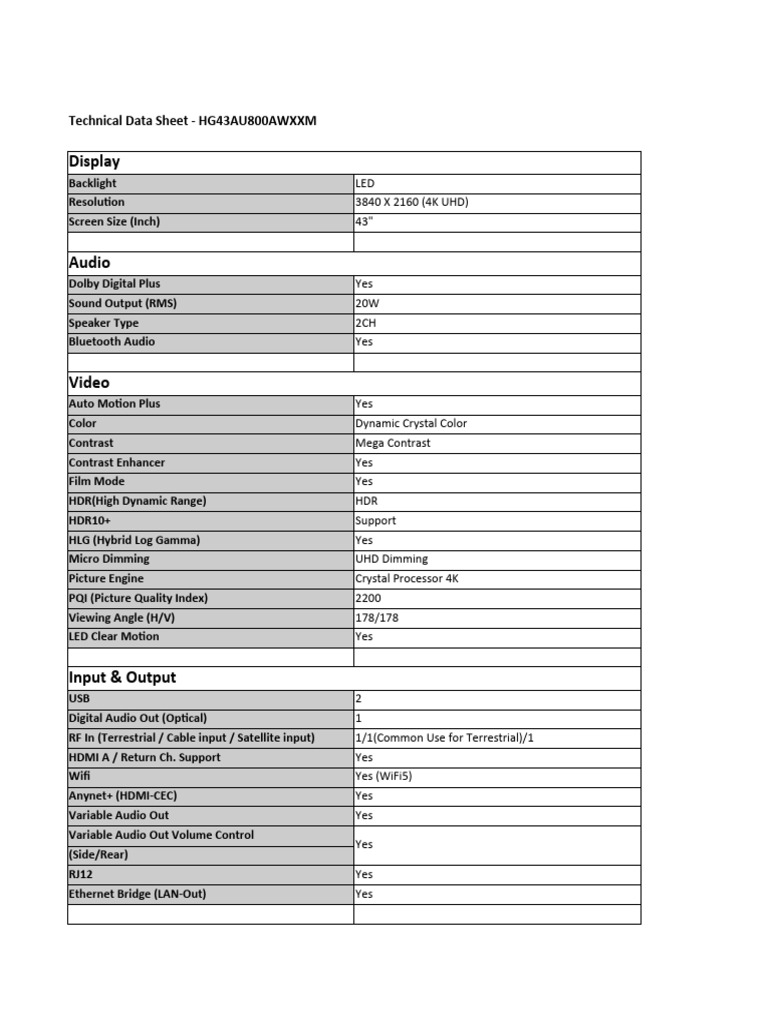 HG43AU800AW Technical Data Sheet | PDF | Electronic Engineering ...