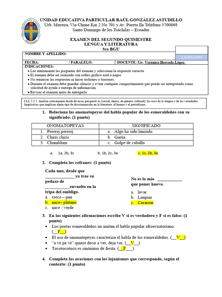 3ro BGU_EXAMEN DEL 2Q_CORREGIDO | PDF | utopía