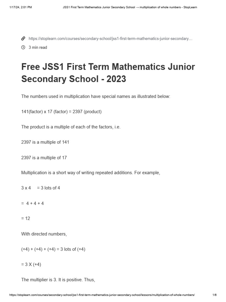 Multiplication of Whole Numbers - StopLearn | PDF | Multiplication ...