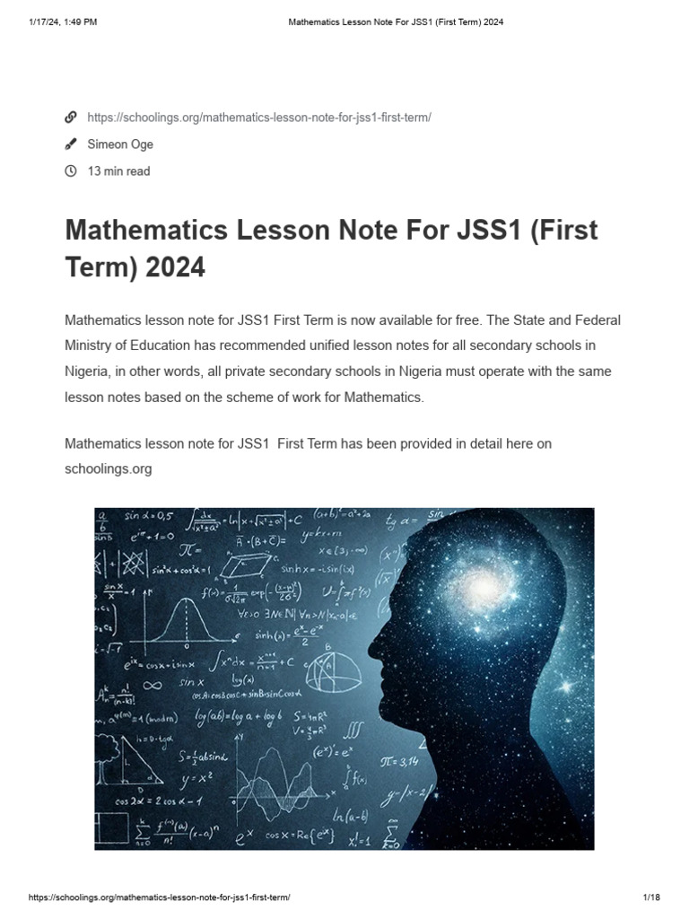 Mathematics Lesson Note For JSS1 (First Term) 2024 | PDF | Elementary ...