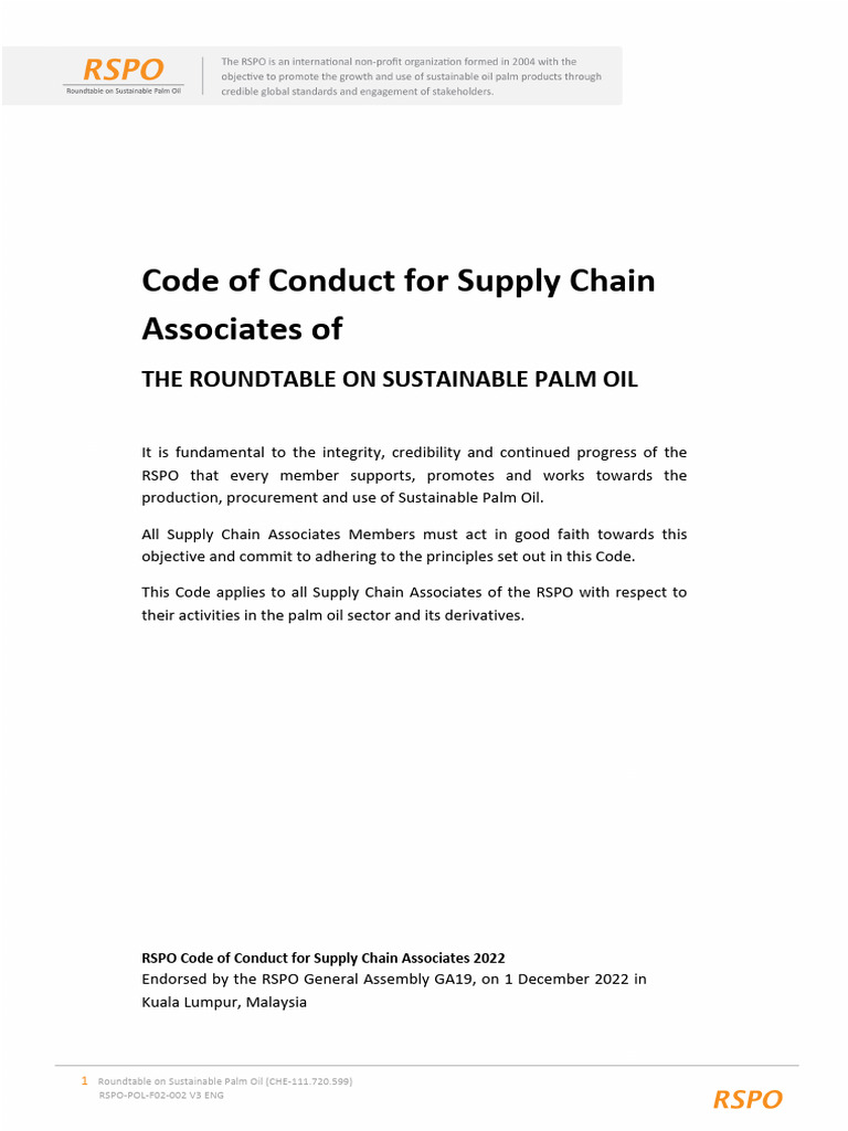 RSPO Code of Conduct SCA 2022 | PDF