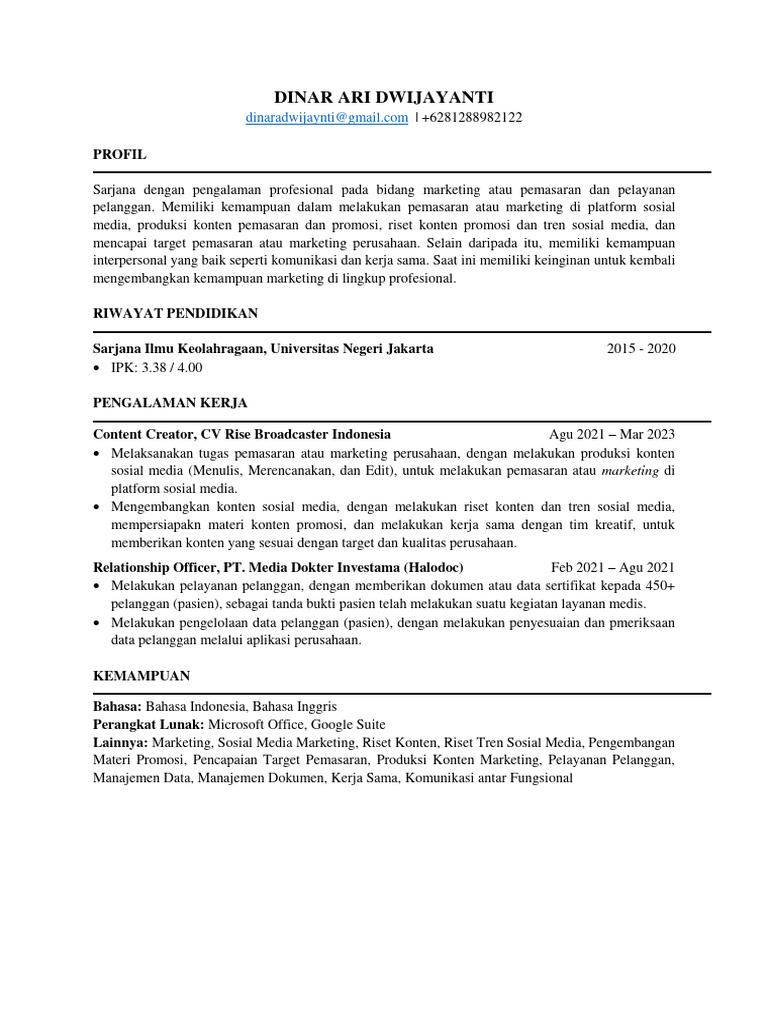 CV Dinar Ari Dwijayanti | PDF | Bisnis | Ilmu Sosial