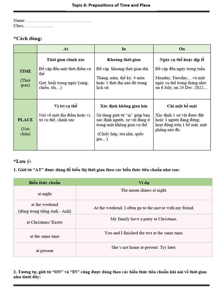 Prepositions of Time and Place | PDF