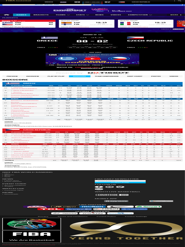 Greece V Czech Republic Boxscore - FIBA EuroBasket 2022 - 11 September - FIBA - Basketball | PDF