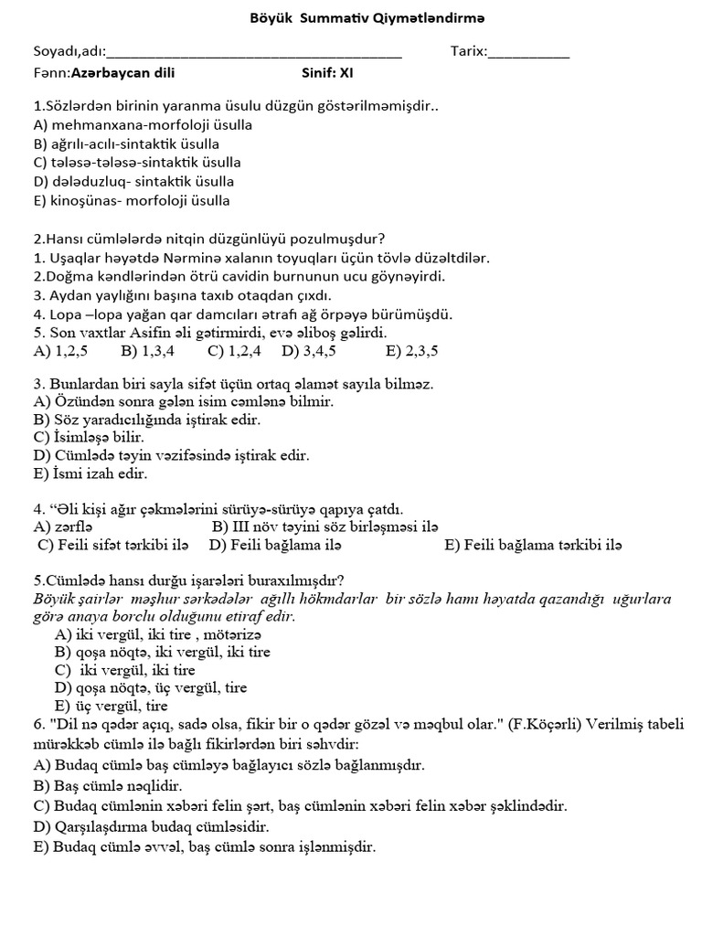 Azərbaycan Dili 11-Ci Sinif BSQ-1 | PDF