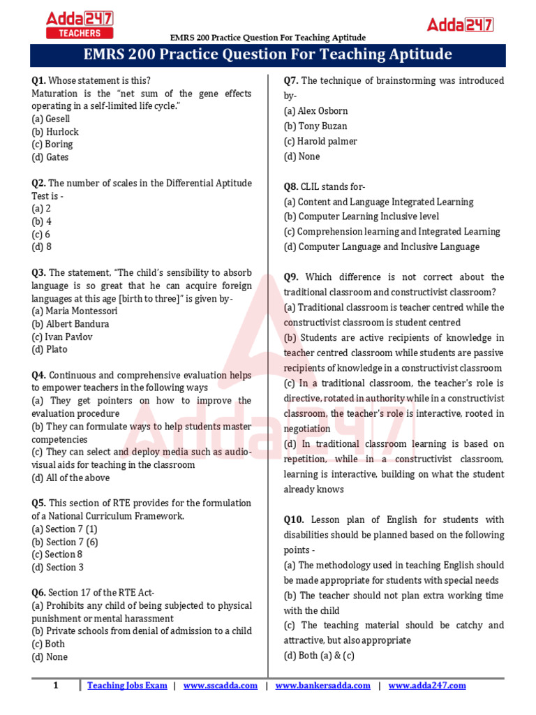 Emrs TGT PGT Teaching Aptitude 200+ MCQ PDF - 1384 | PDF