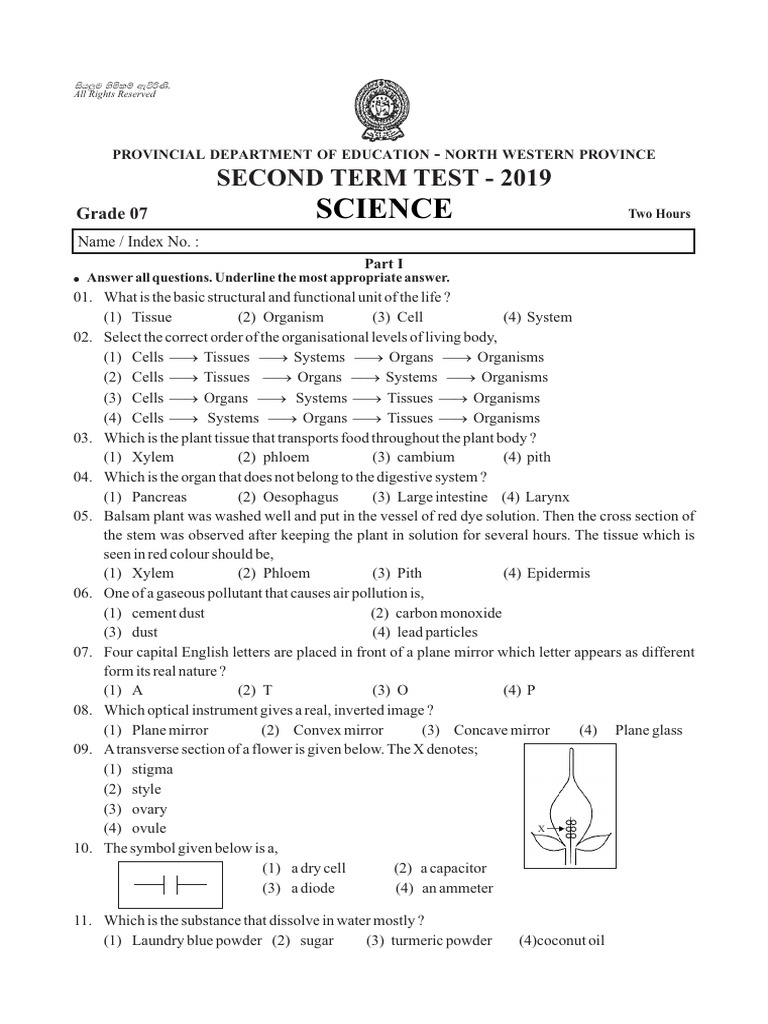 Grade 07 Science 2nd Term Test Paper 2019 English Medium - North ...