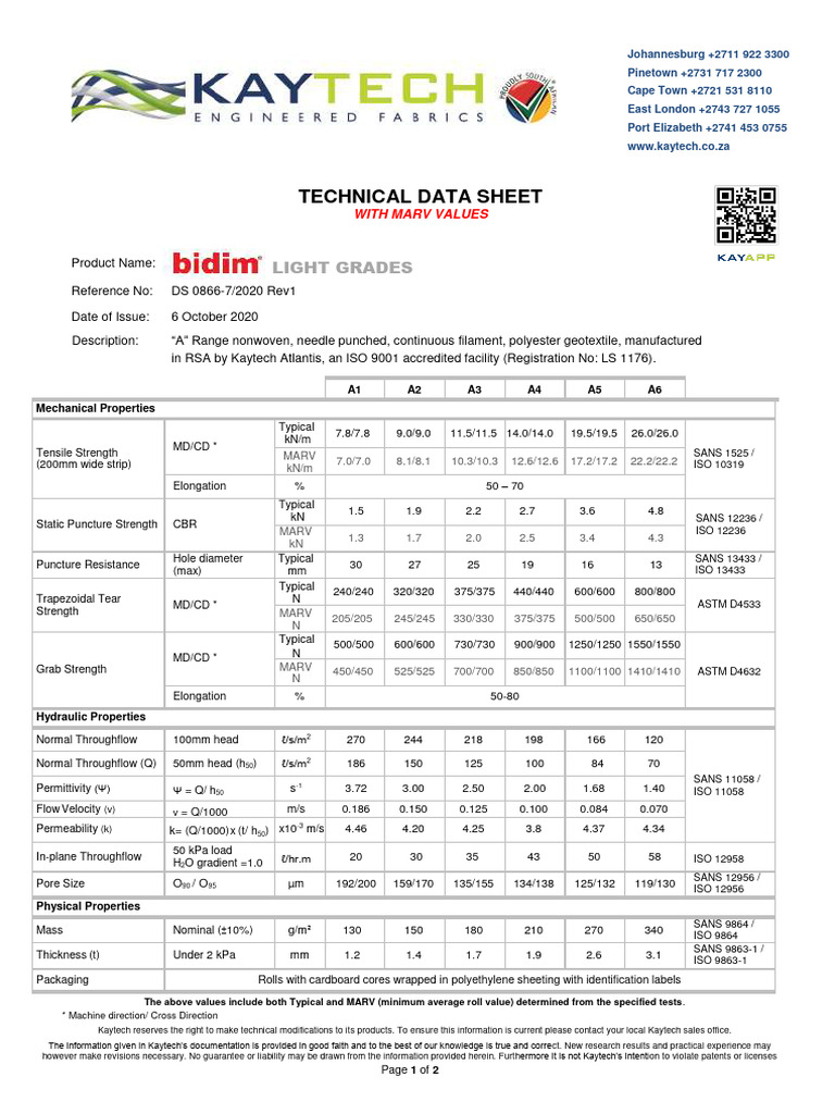 Data Sheet A1 A15 Bidim | PDF | Physical Sciences | Materials