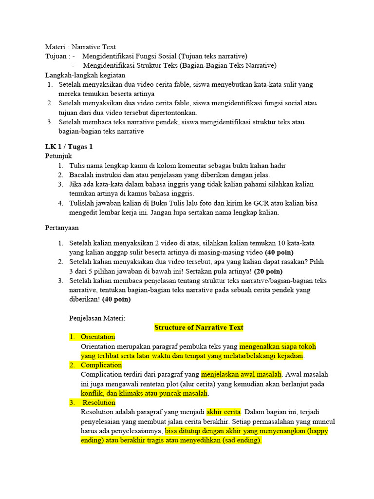 LKPD Identifikasi Language Feature Dan Generic Structure of Narrative Text | PDF | Game ...