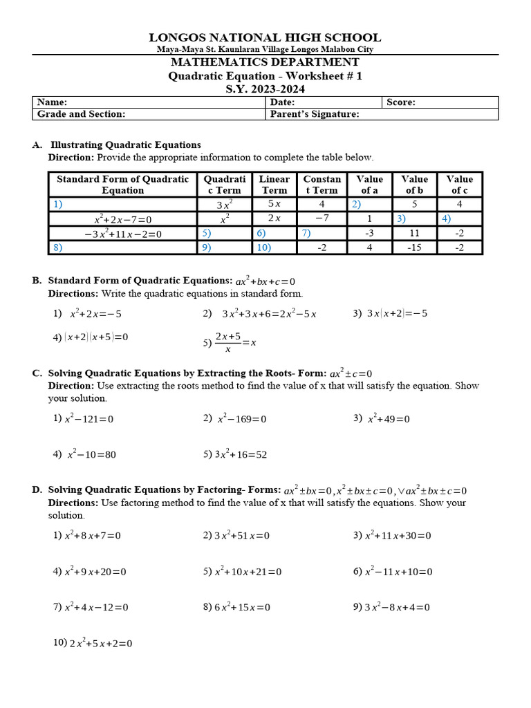 Quadratic Equations Worksheet | PDF | Quadratic Equation | Mathematical ...