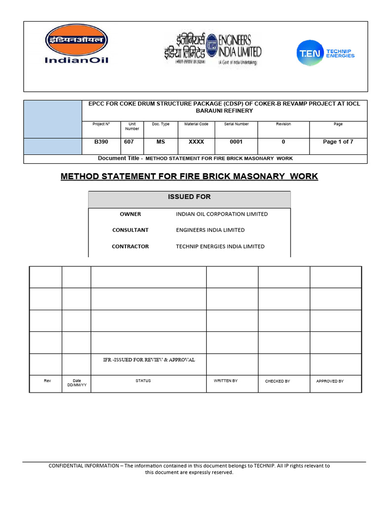 Method Statement of Fire Brick | PDF | Refractory | Brick