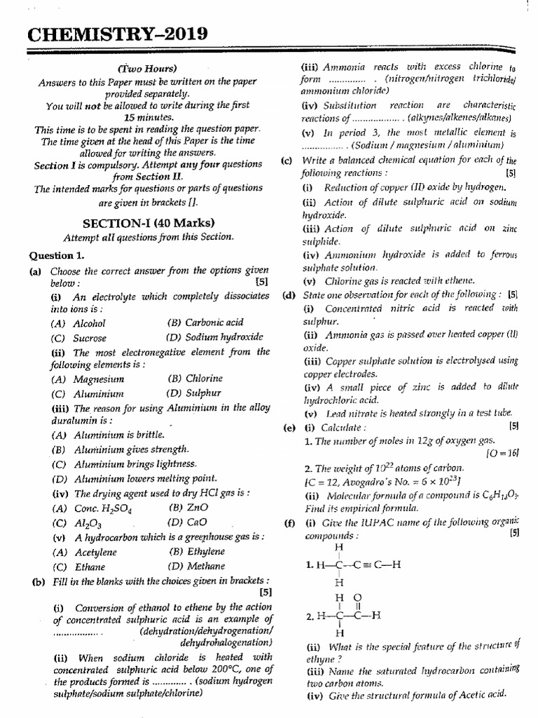 ICSE Chemistry Solved Paper 2019 | PDF
