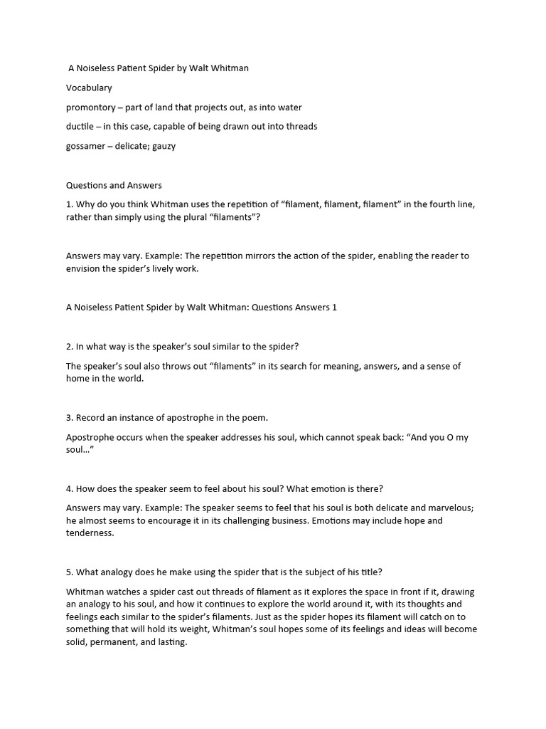 A Noiseless Patient Spider by Walt Whitman memo | PDF