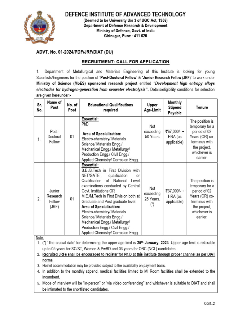 Defence Institute of Advanced Technology: ADVT. No. 01-2024/PDF/JRF ...
