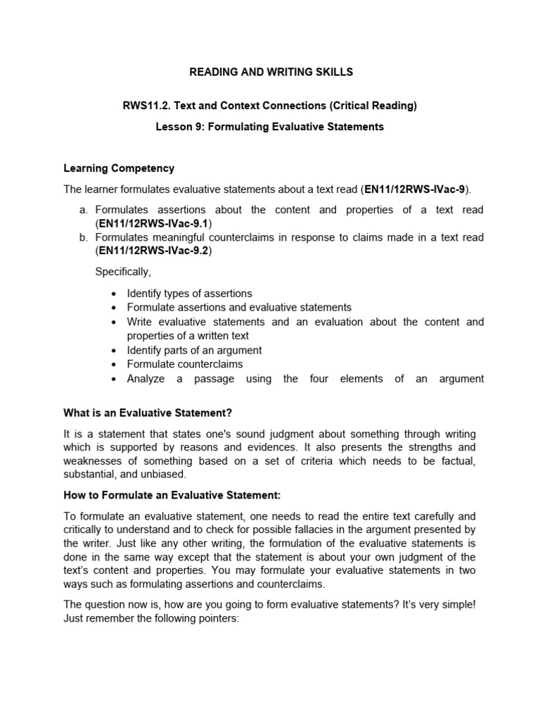 Formulating Evaluative Statements | PDF | Argument | Poetry