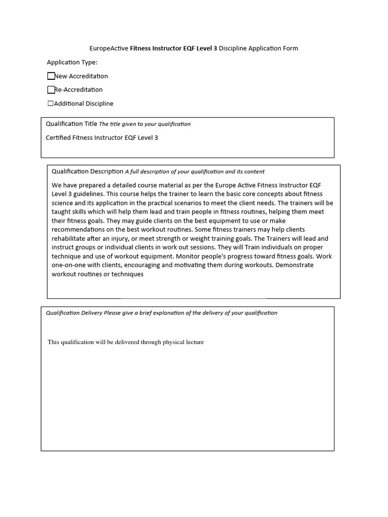 EuropeActive Fitness Instructor EQF Level 3 Discipline Application Form ...