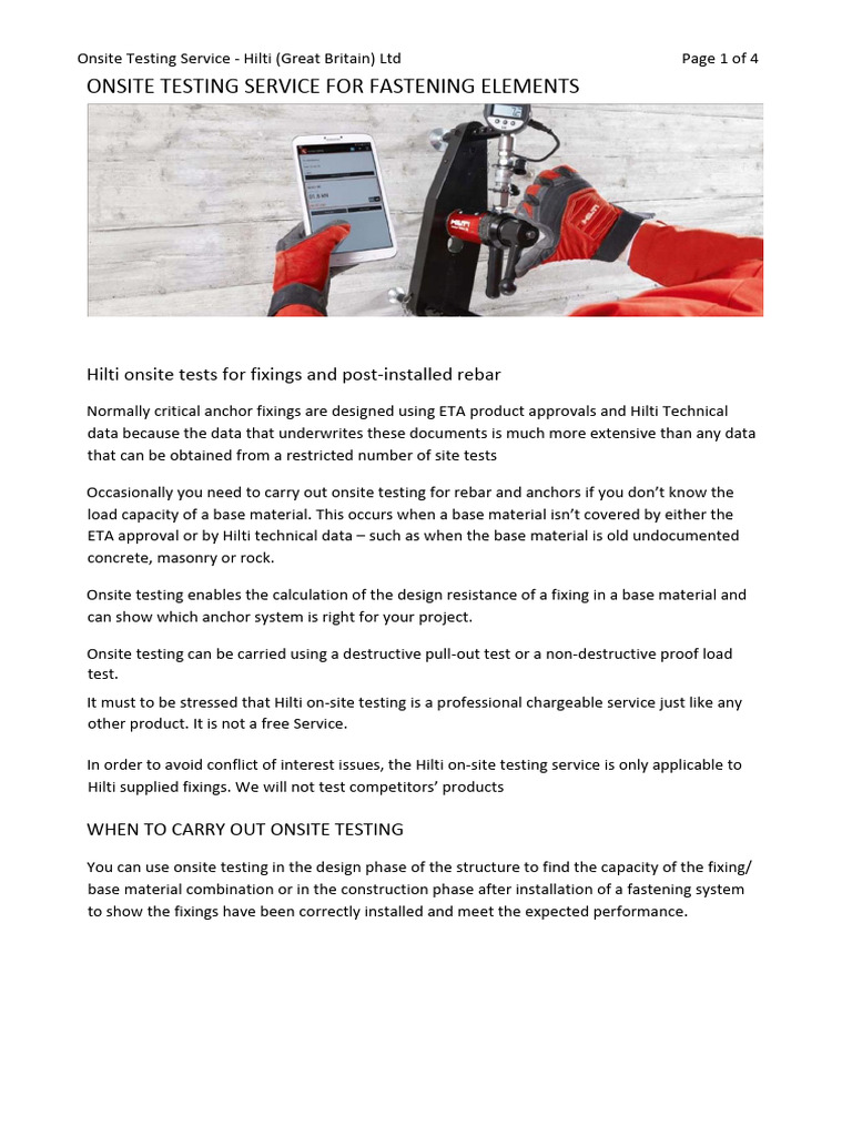 Hilti Onsite Testing Services Overview | PDF | Quality Assurance ...