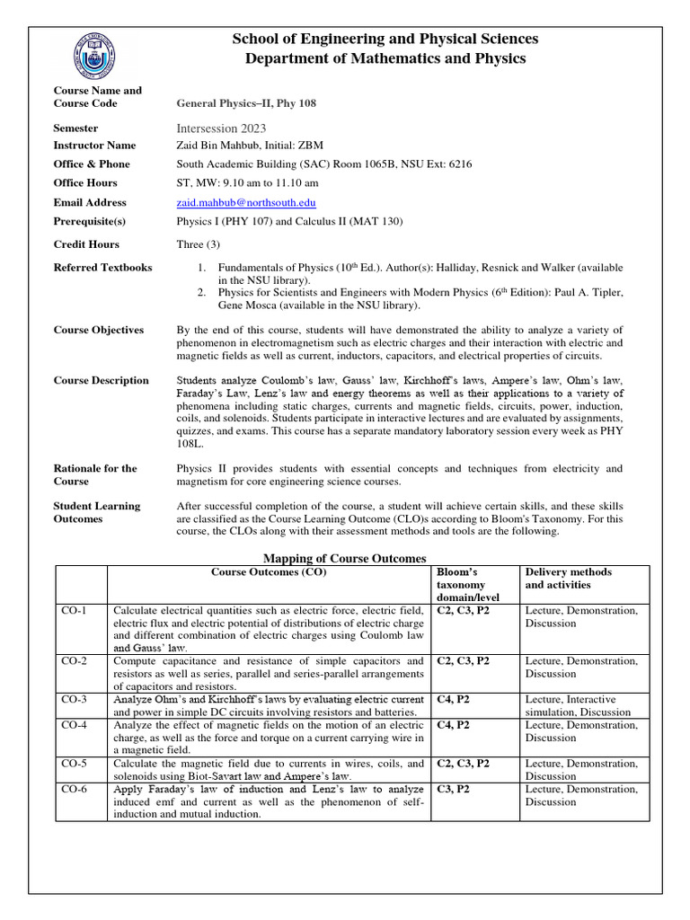 Course Outline Phy108 Inter 23 | PDF | Series And Parallel Circuits | Inductance