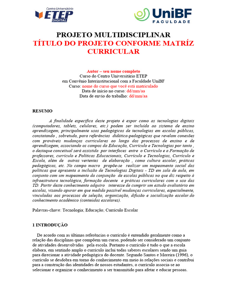 Modelo De Projeto Multidisciplinar Pdf Pedagogia Aprendizado