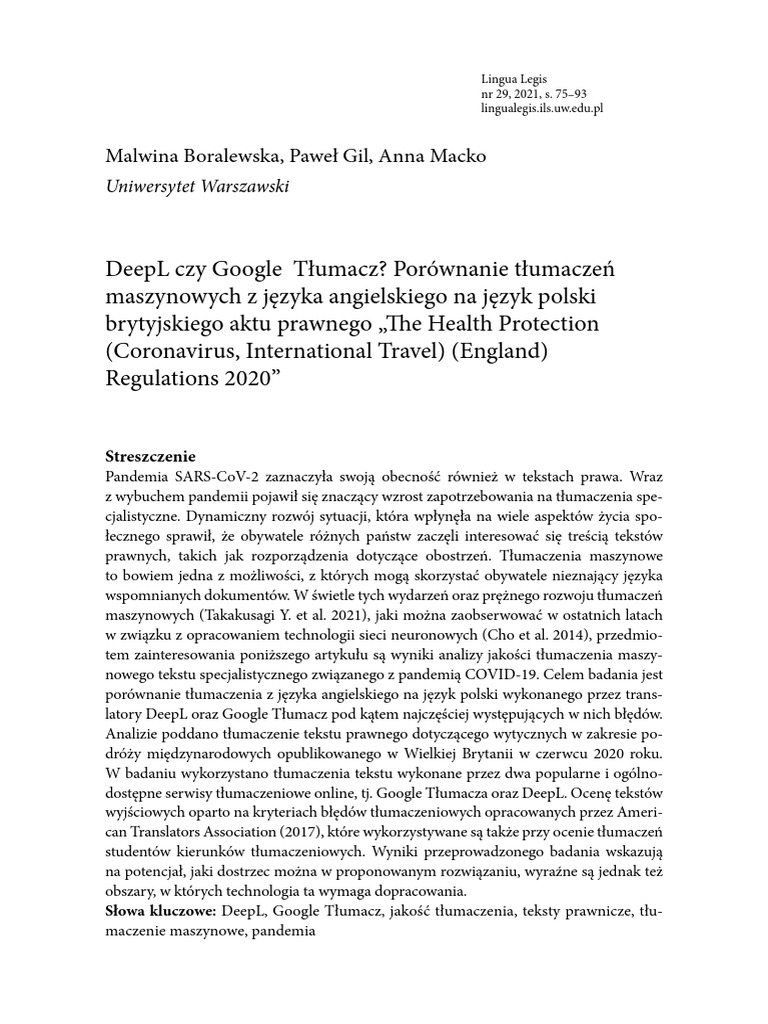 DeepL Czy Google Tłumacz - Porównanie Tłumaczeń Maszynowych | PDF