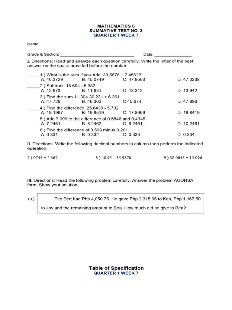 Summative Test Q1-Week 7 | PDF | Mathematics | Arithmetic