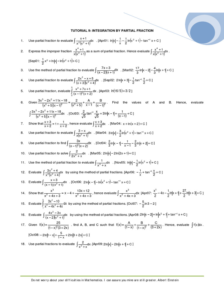 Tutorial 9 Int by Partial Fraction | PDF | Arithmetic | Abstract Algebra