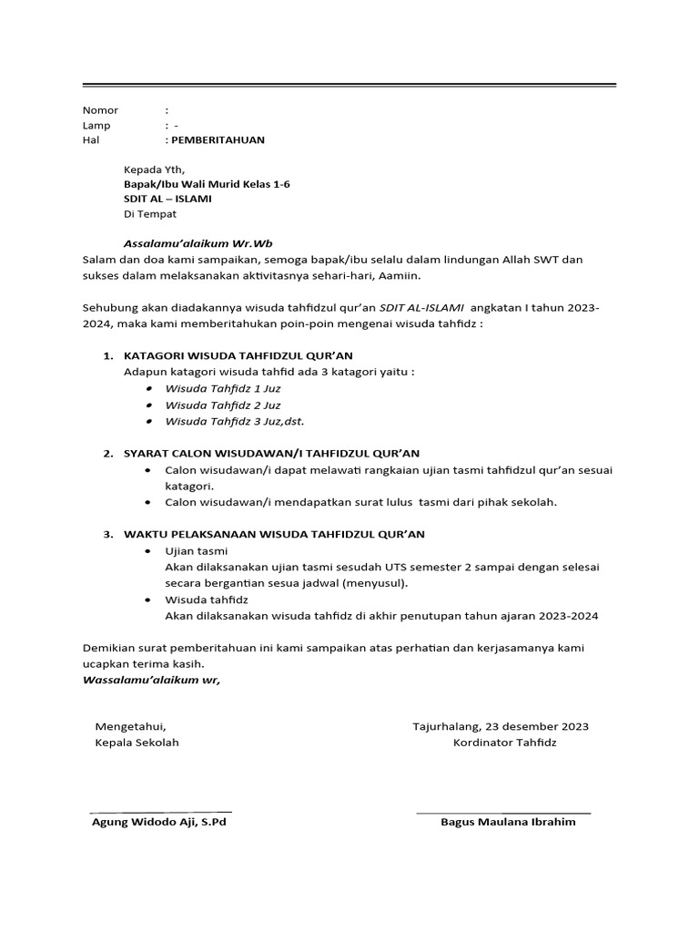 Surat Wisuda Tahfidz 1 | PDF