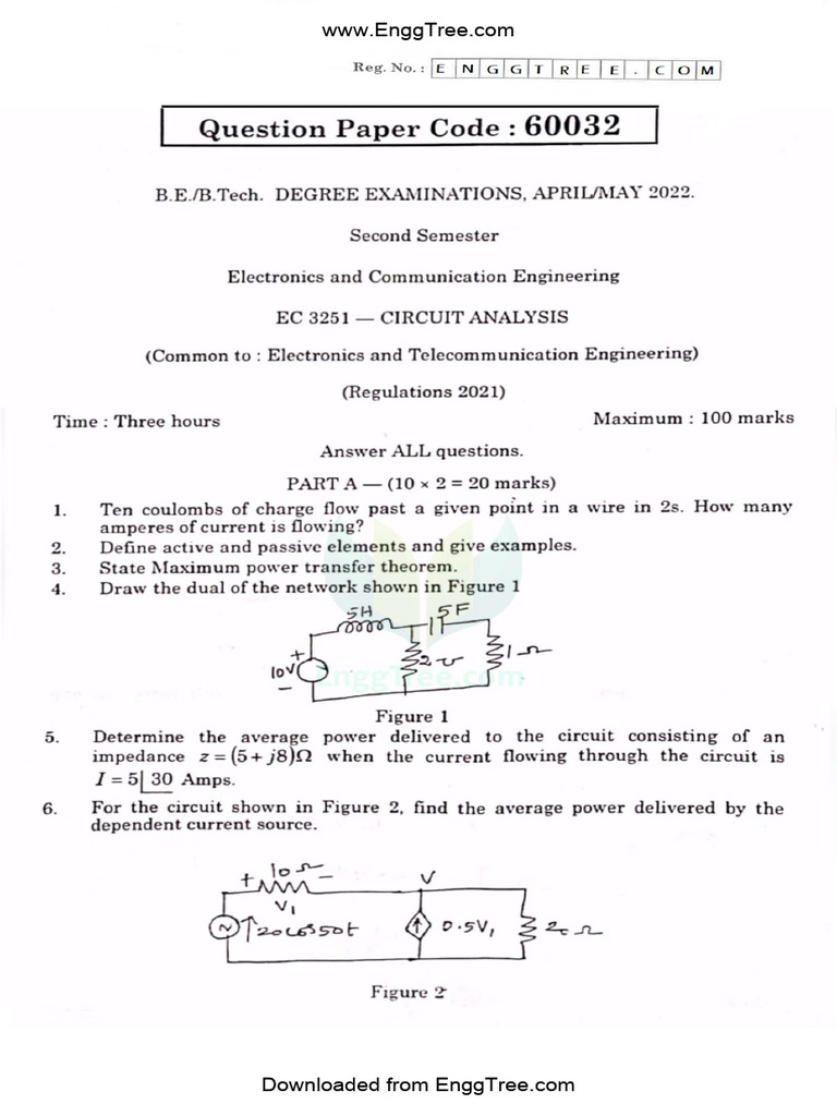 EC3251 Circuit Analysis Apr May 2022 Question Paper Download | PDF
