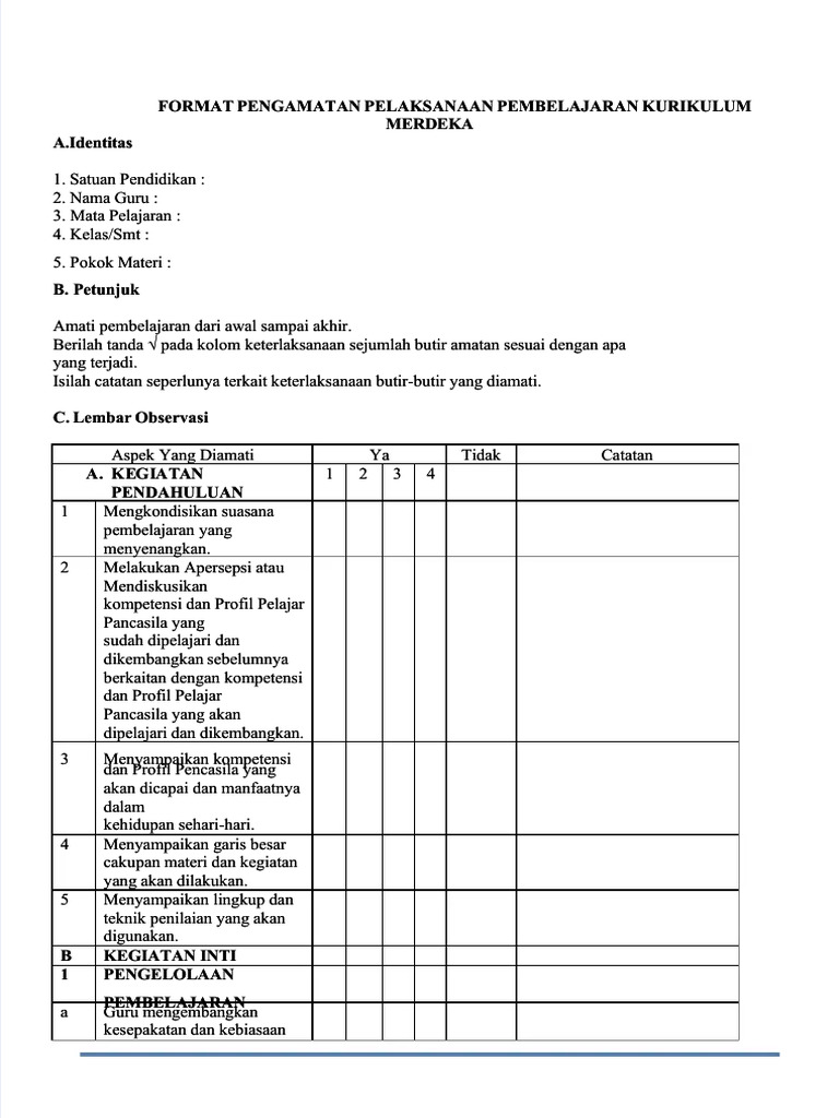 Format Pelaksanaan Observasi Pembelajaran - Kurikulum Merdeka | PDF