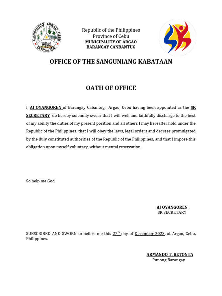 OATH (1) | PDF | Oath Of Office | Oath