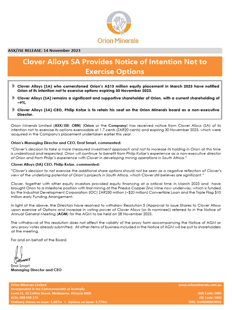 Clover Alloys Not Exercising Options in ORN | PDF | Legal Liability ...