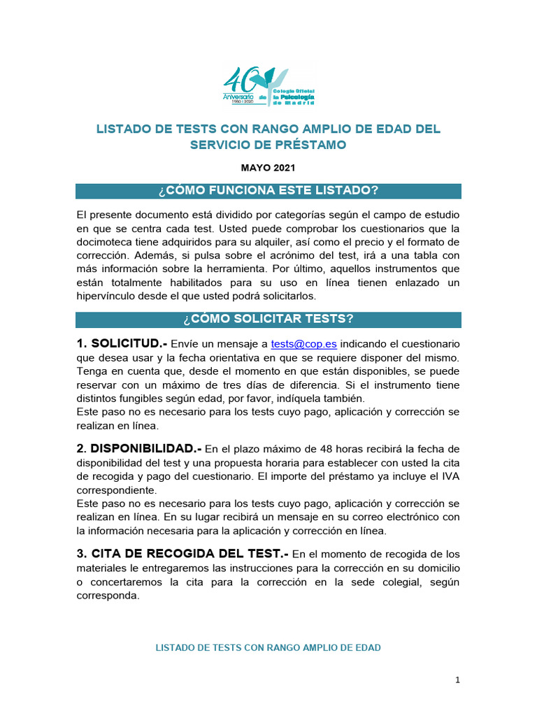Listado de Tests Con Rango Amplio de Edad (Mayo 2021) | PDF ...