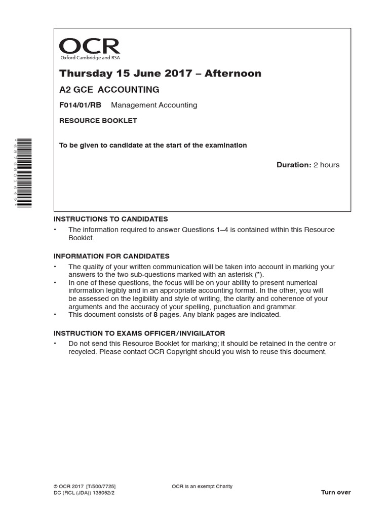 Question Paper Unit f014 01 RB Management Accounting Resource Booklet | PDF | Cost | Economies