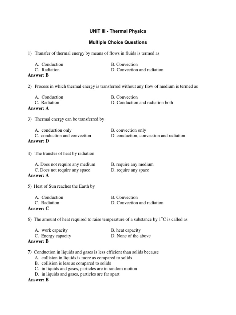 UNIT III - Thermal Physics MCQ | PDF | Thermal Conduction | Thermal ...