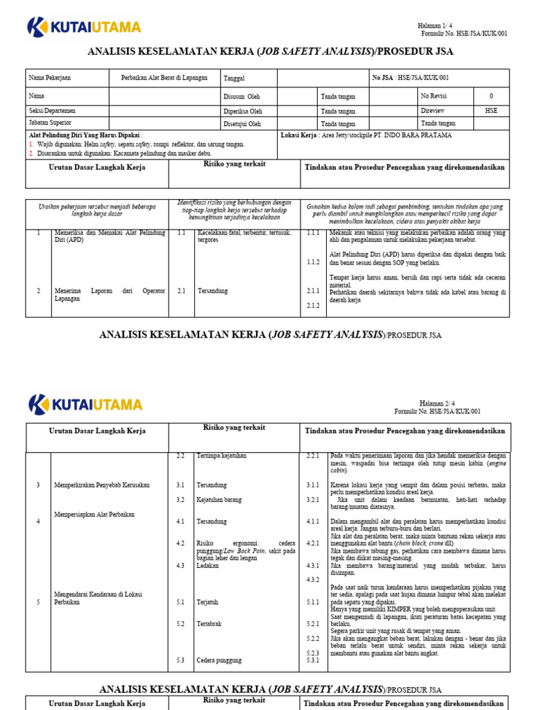 HSE-JSA Perbaikan Alat Berat Dilapangan | PDF HSE-JSA Perbaikan Alat Berat Dilapangan | PDF