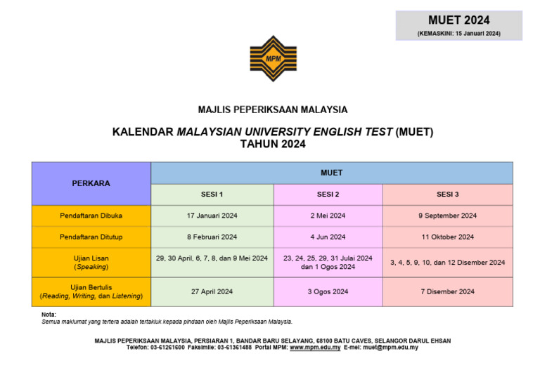 Kalendar - MUET - Tahun - 2024 - Edis - 1512024 - BM | PDF